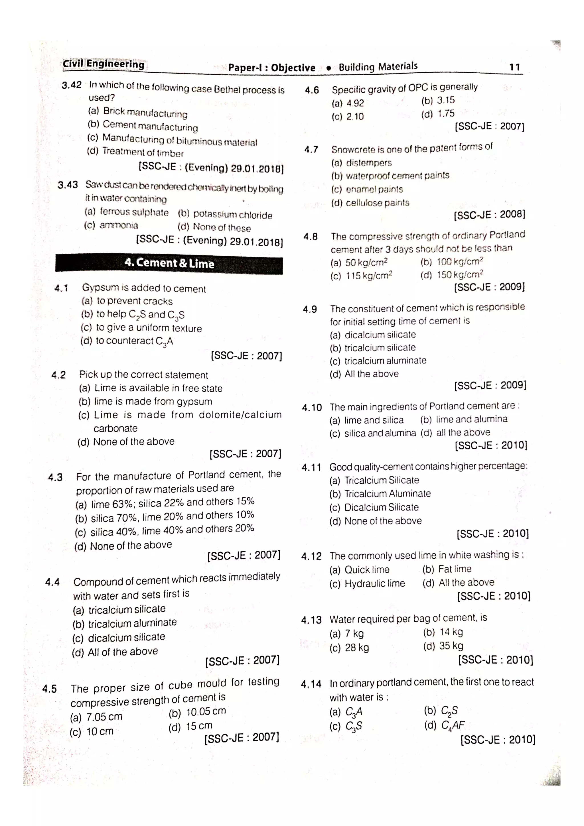 Cement & Lime_SSC JE_MCQ_SOLVED_2007-2018 | PDF