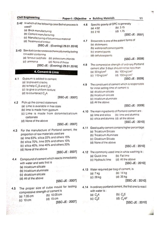 Cement & Lime_SSC JE_MCQ_SOLVED_2007-2018 | PDF