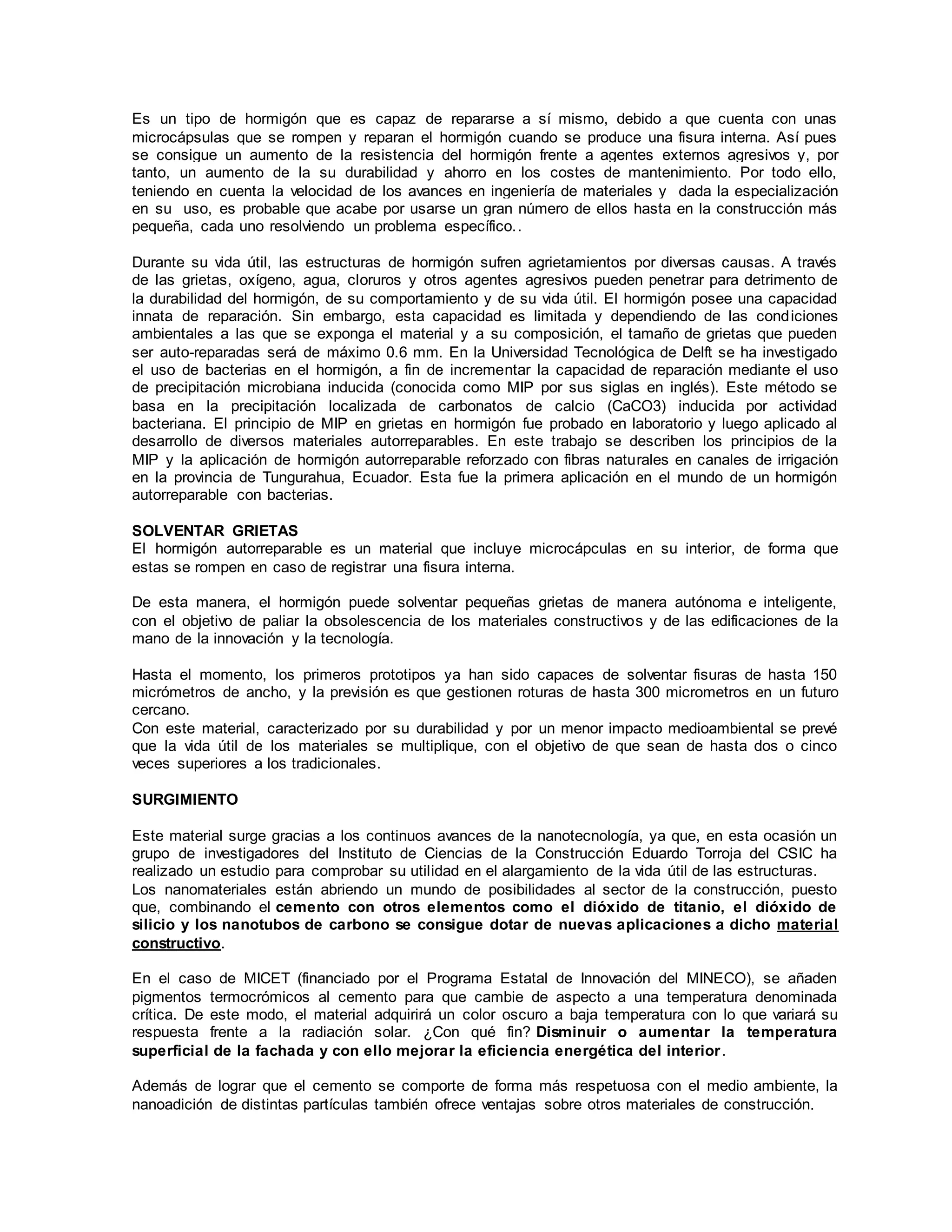 Cemento termocromico y hormigon autorreparable | DOCX