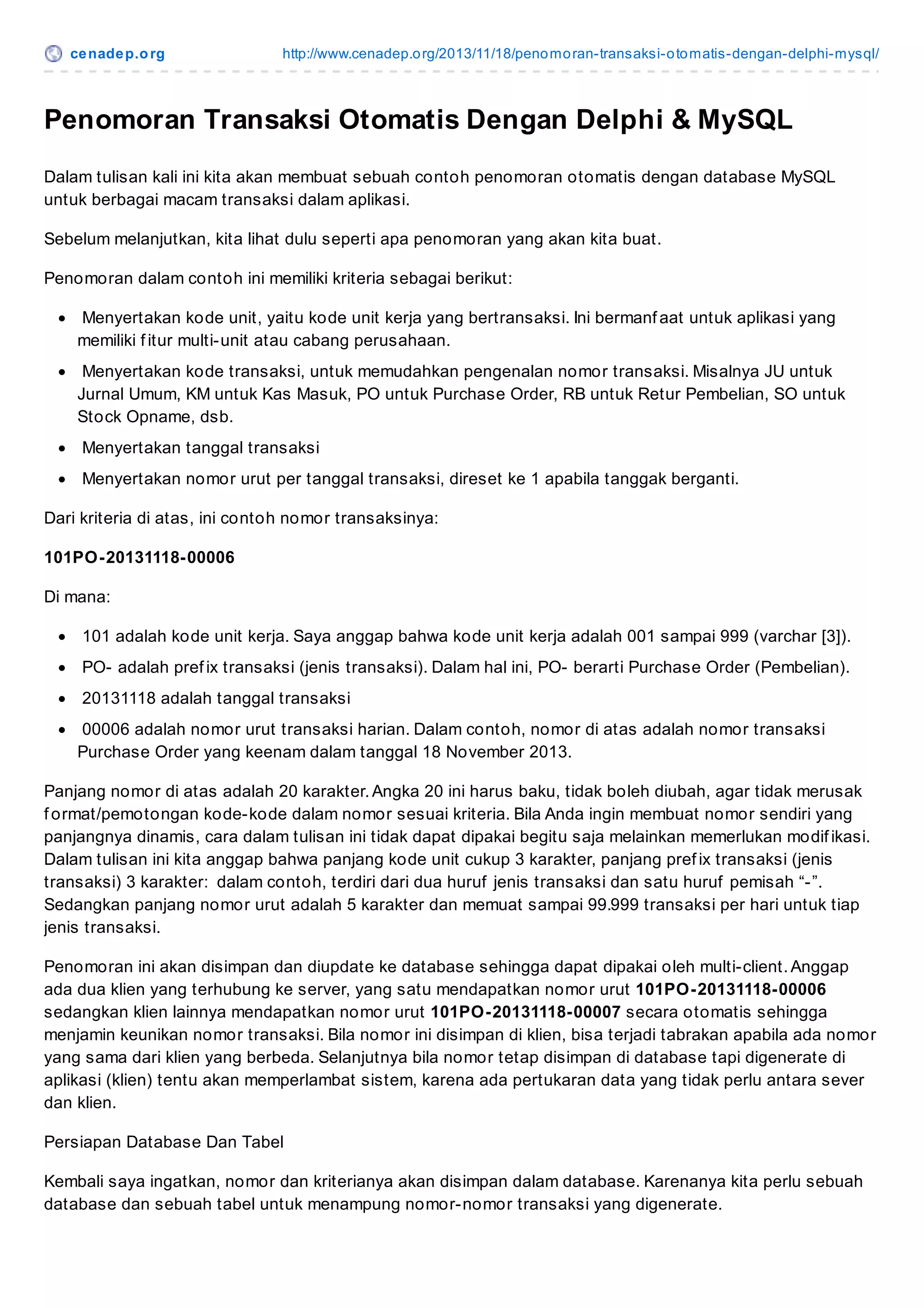 Cenadep.org - Tutorial Penomoran Transaksi Otomatis Dengan Delphi Dan MySQL | PDF