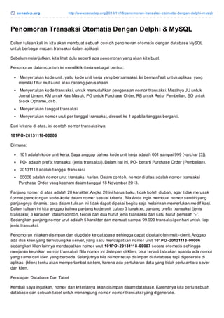 Cenadep.org - Tutorial Penomoran Transaksi Otomatis Dengan Delphi Dan MySQL | PDF
