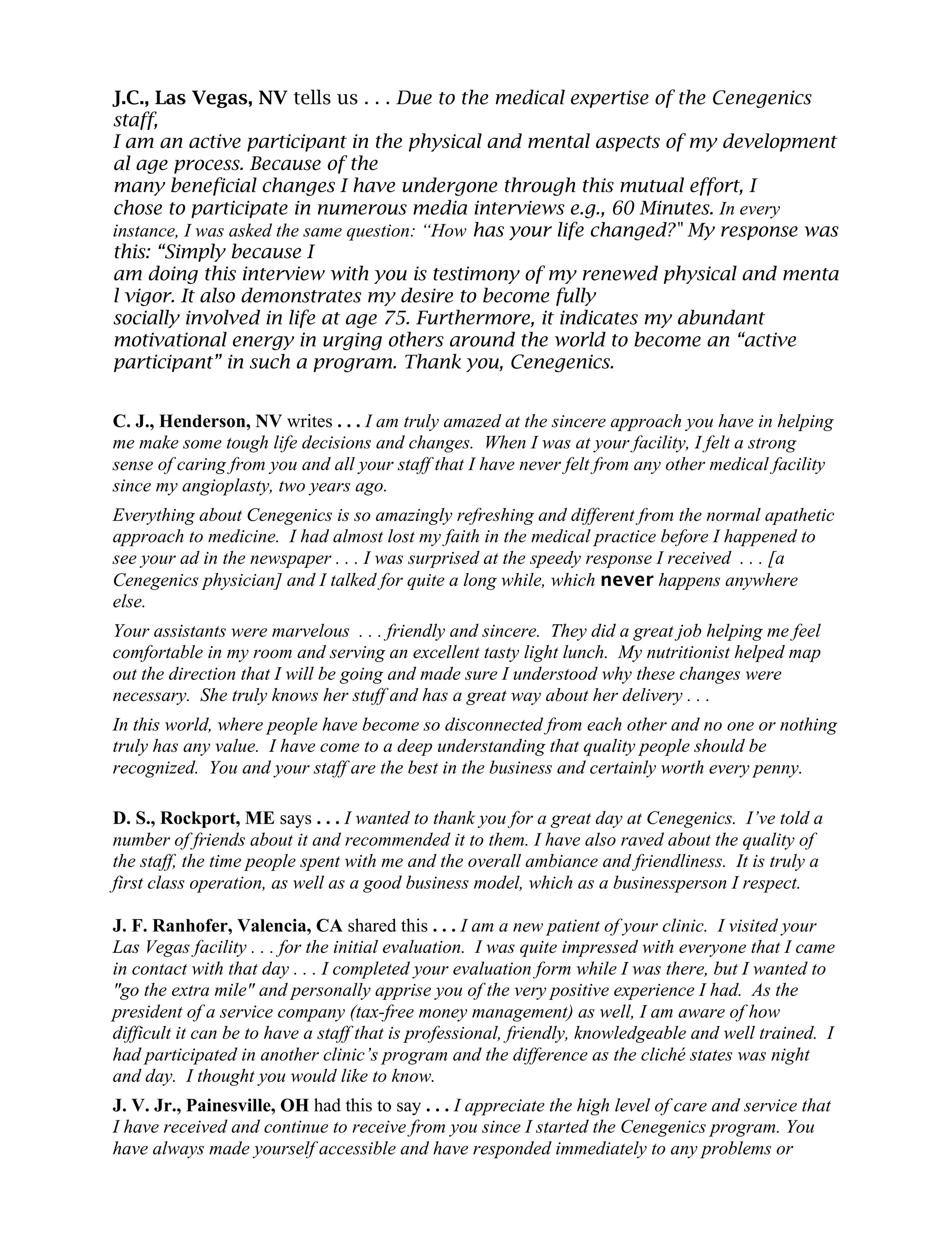 Cenegenics Client Reviews | PDF