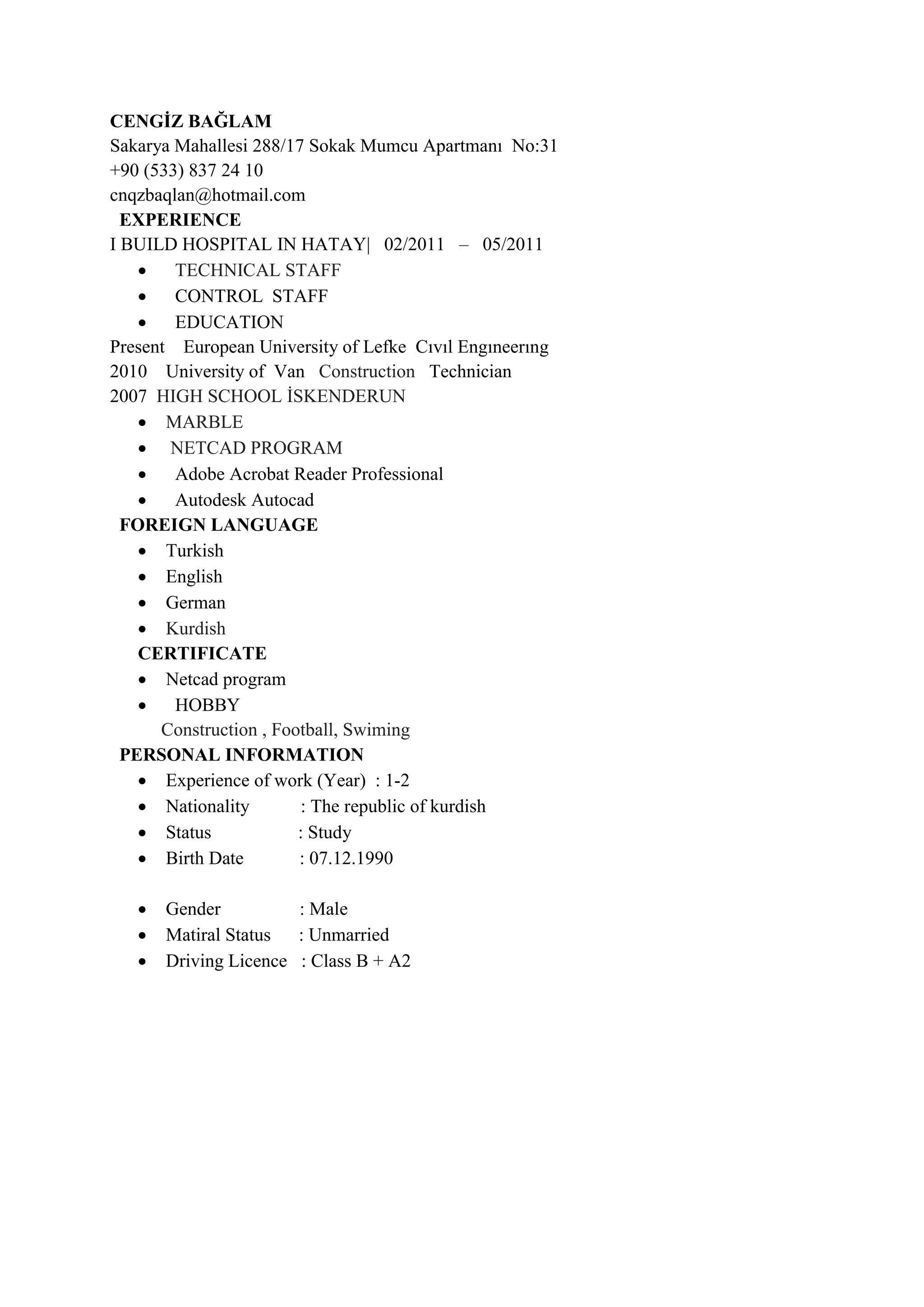 Cengi̇z bağlam CIVIL ENGINEERING 125485 CV | PDF