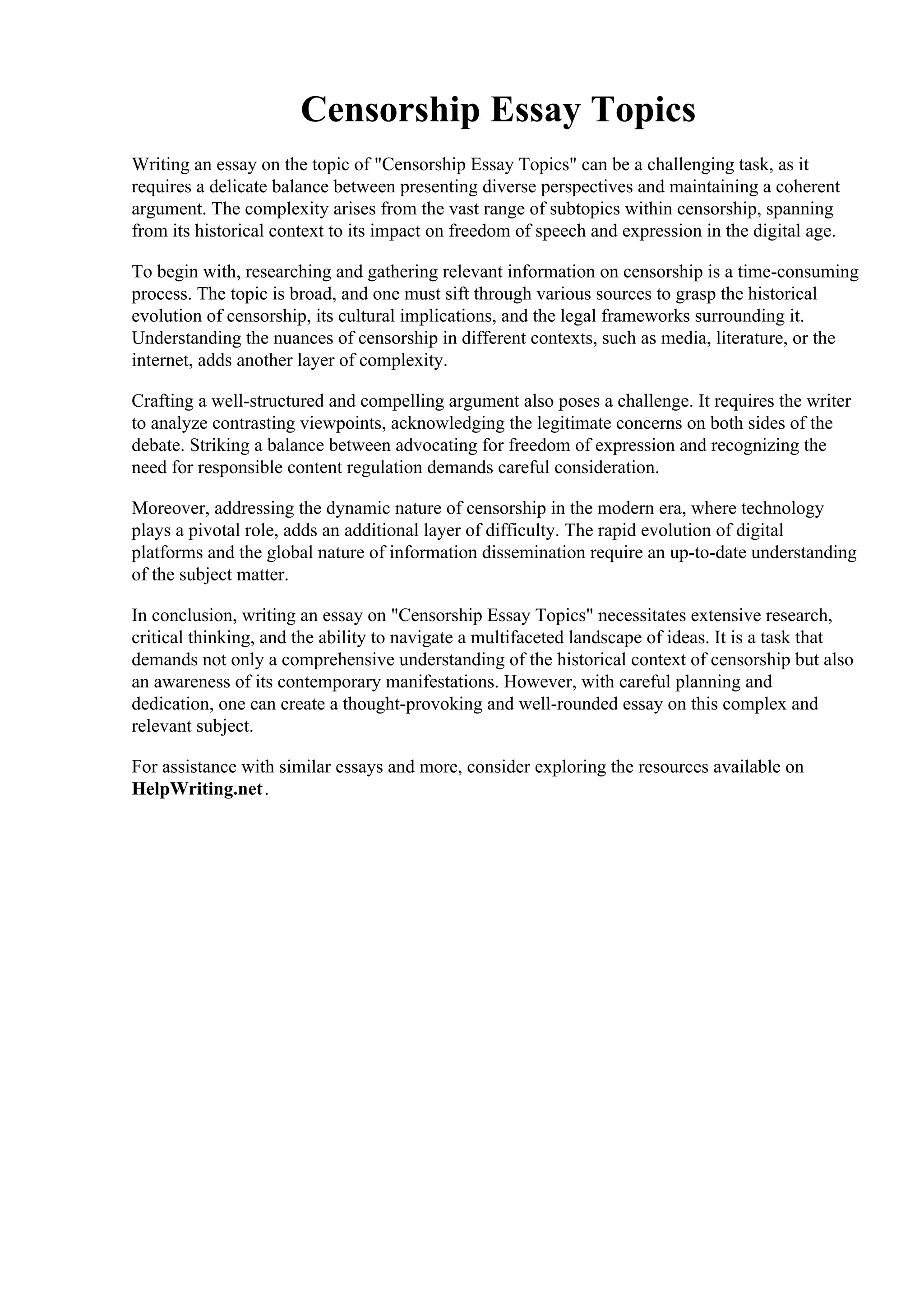 Censorship Essay Topics. Argumentative Essay Topics Censorship ...