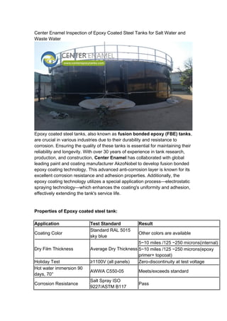 Center Enamel Inspection of Epoxy Coated Steel Tanks for Salt Water and ...