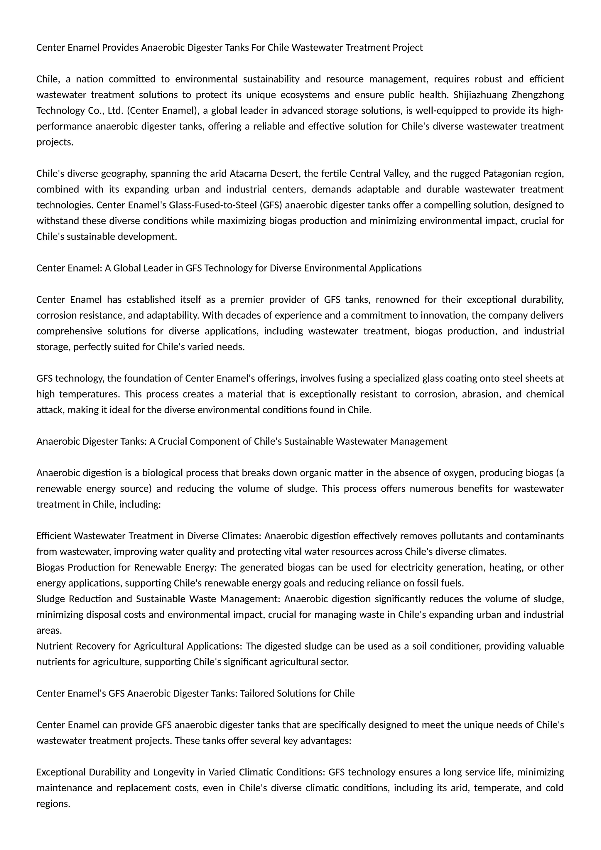 Center Enamel Provides Anaerobic Digester Tanks For Chile Wastewater ...