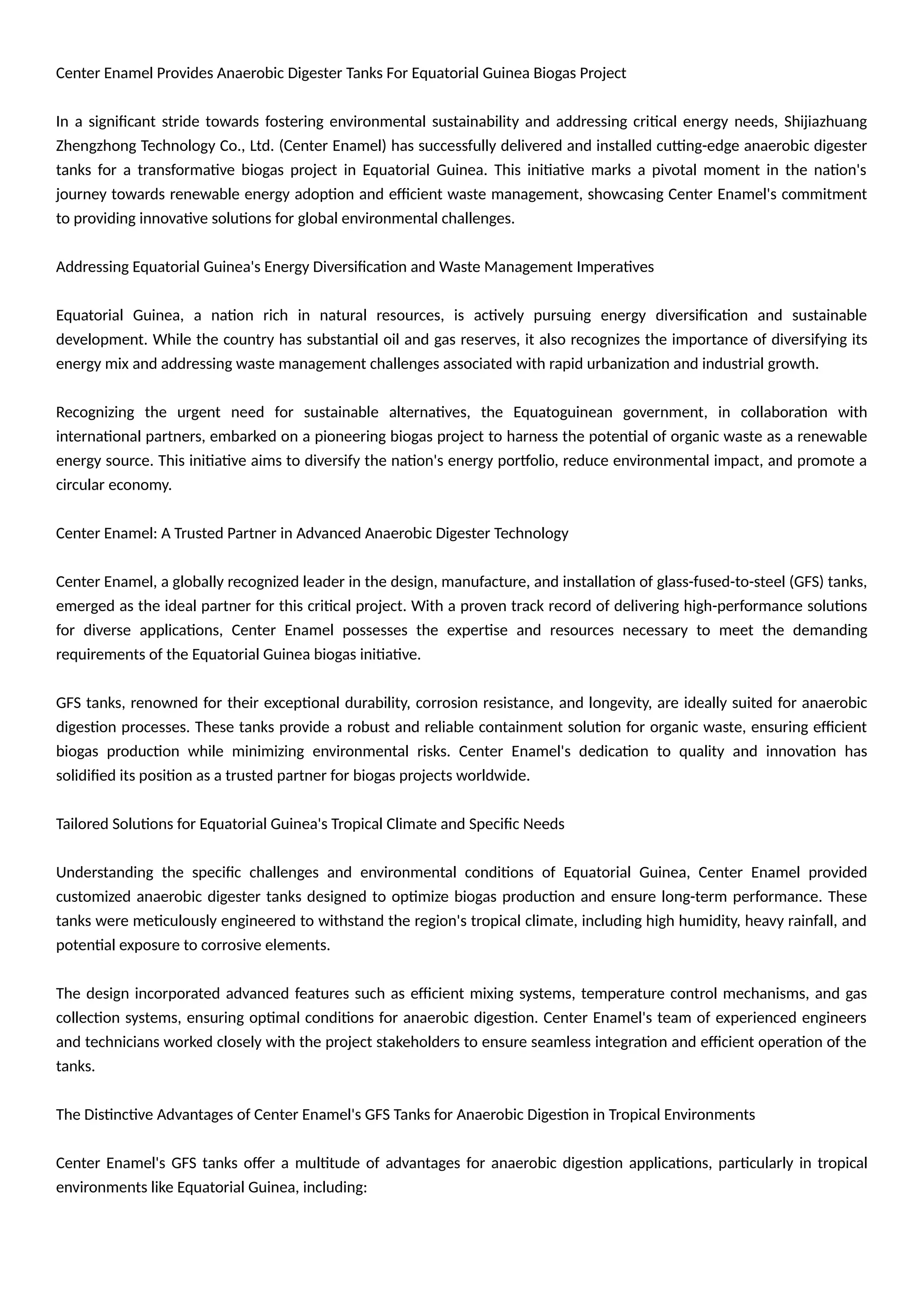 Center Enamel Provides Anaerobic Digester Tanks For Equatorial Guinea ...