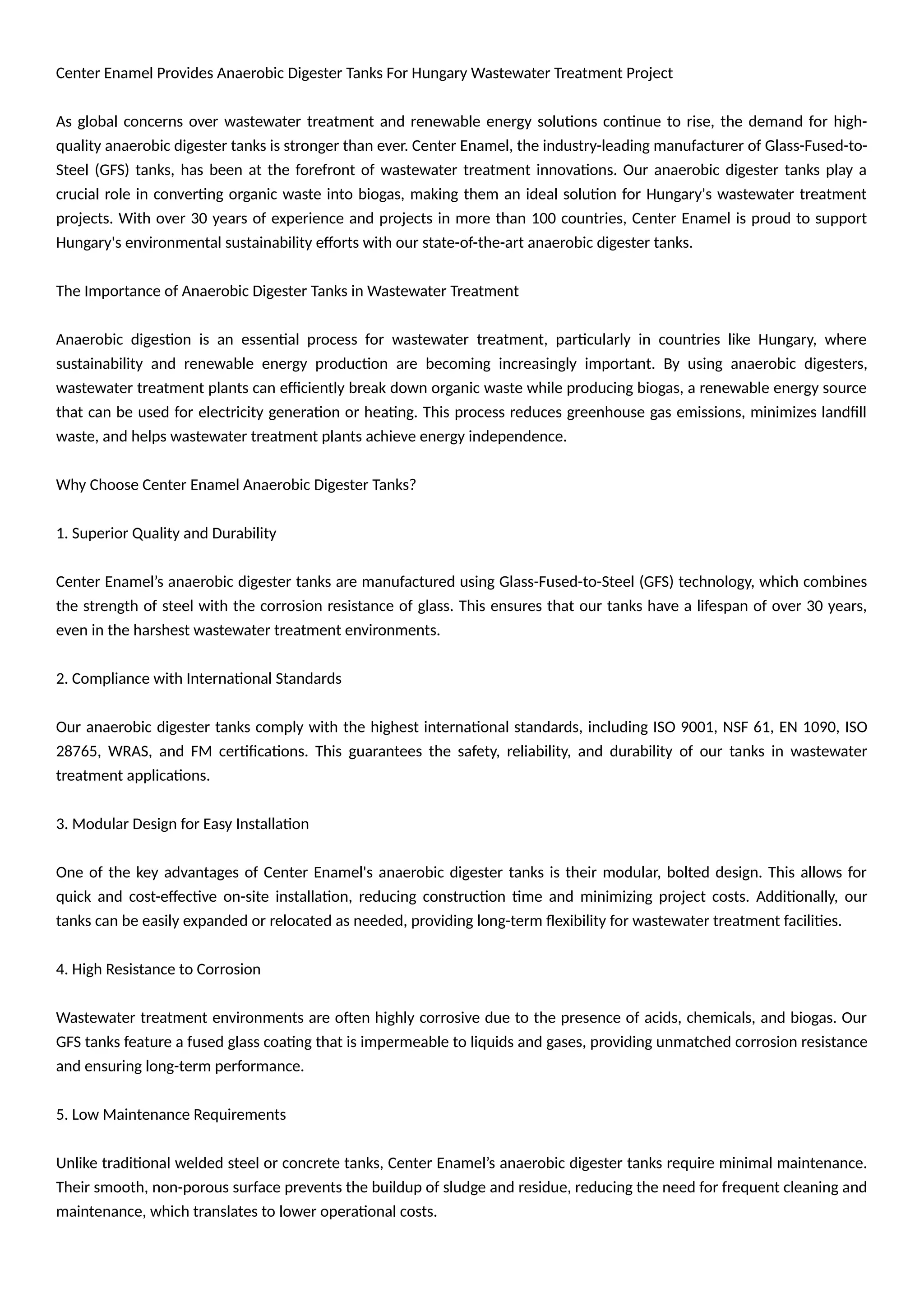 Center Enamel Provides Anaerobic Digester Tanks For Hungary Wastewater ...