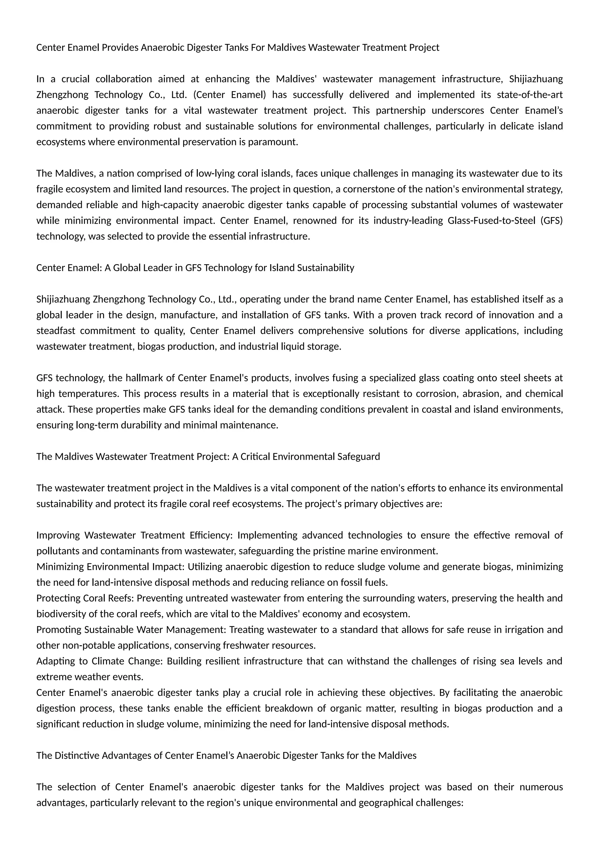 Center Enamel Provides Anaerobic Digester Tanks For Maldives Wastewater ...