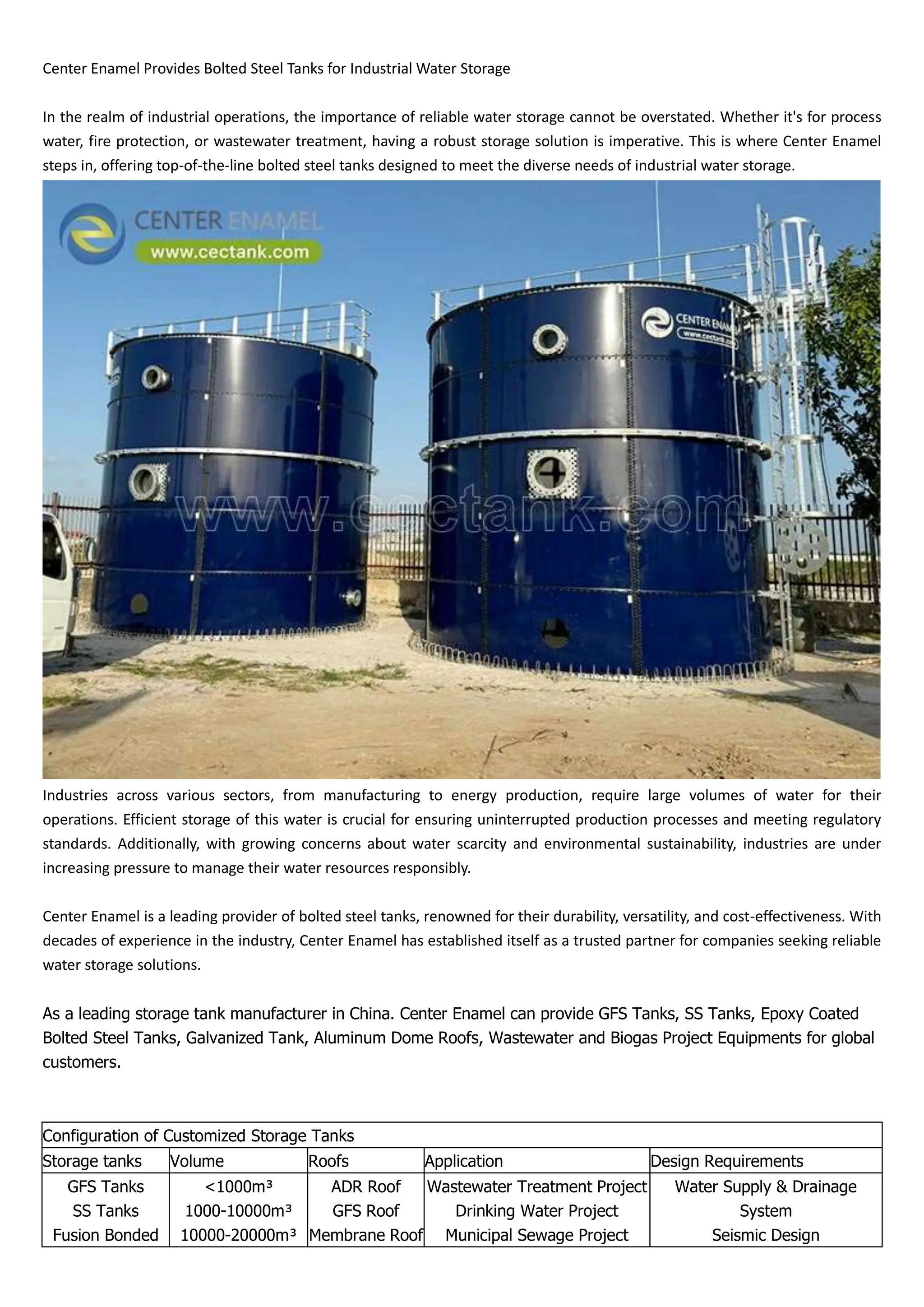 Center Enamel Provides Bolted Steel Tanks for Industrial Water Storage.docx