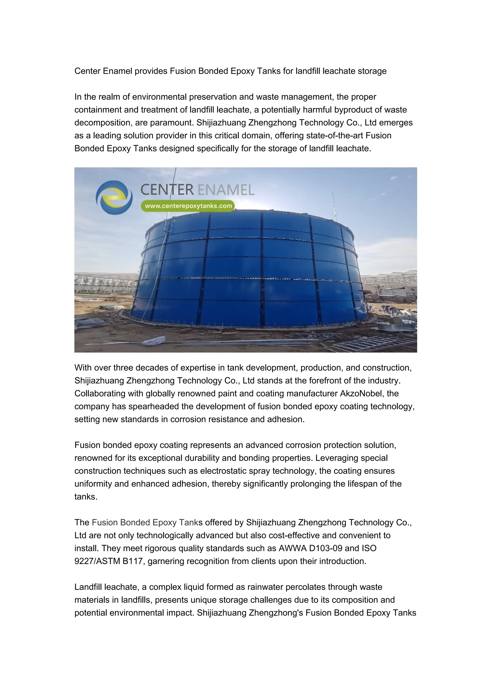 Center Enamel provides Fusion Bonded Epoxy Tanks for landfill leachate ...