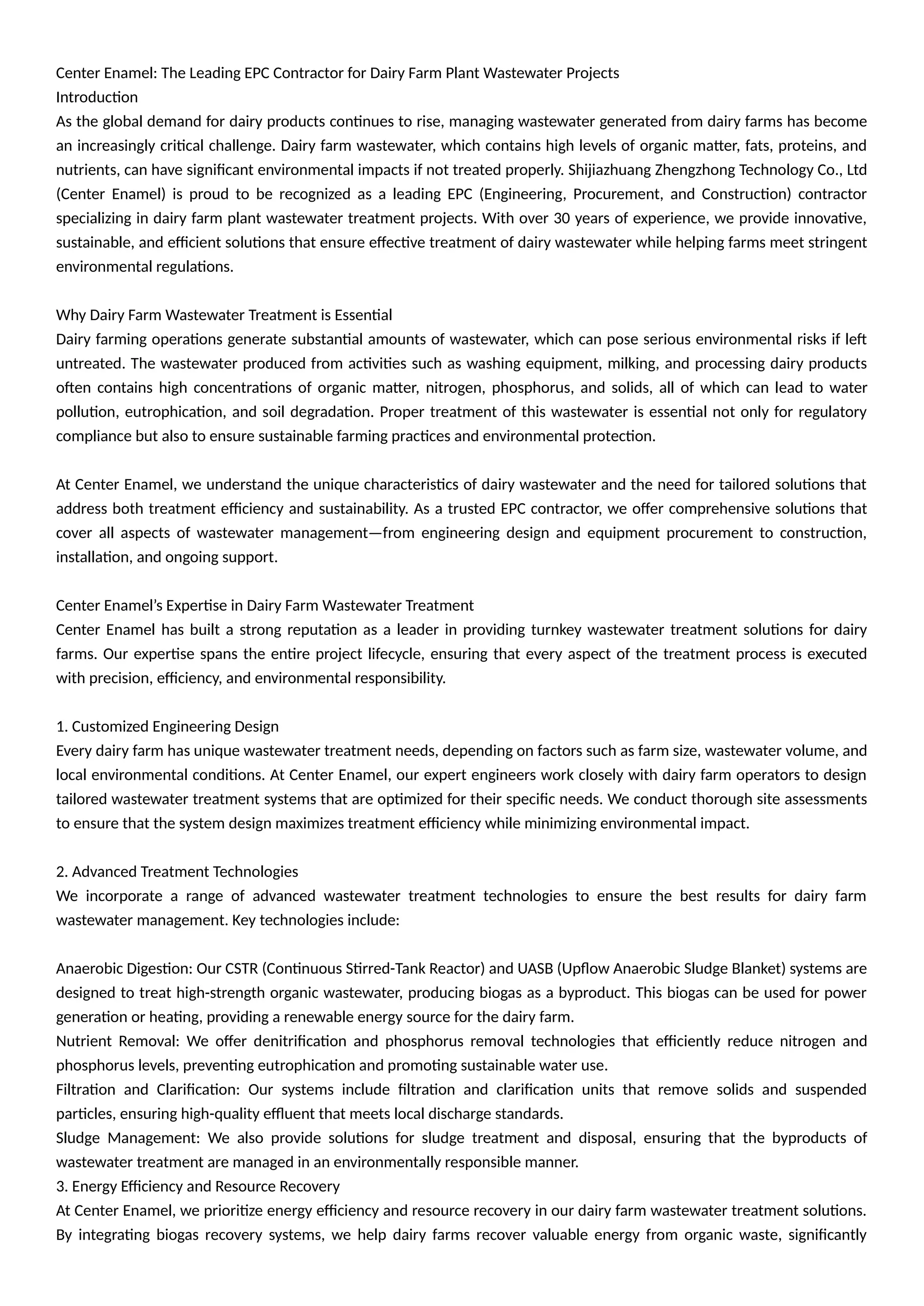 Center Enamel The Leading EPC Contractor for Dairy Farm Plant ...