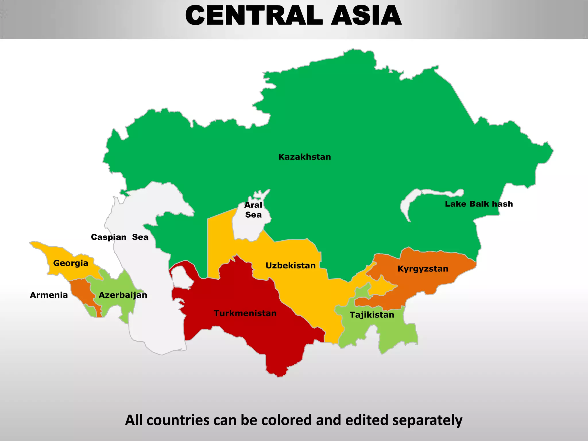 Central asia editable continent map with countries | PPTX