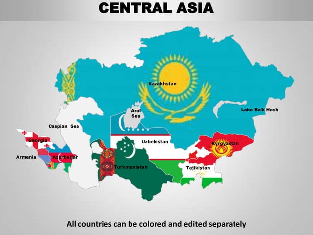 Central asia editable continent map with countries | PPT