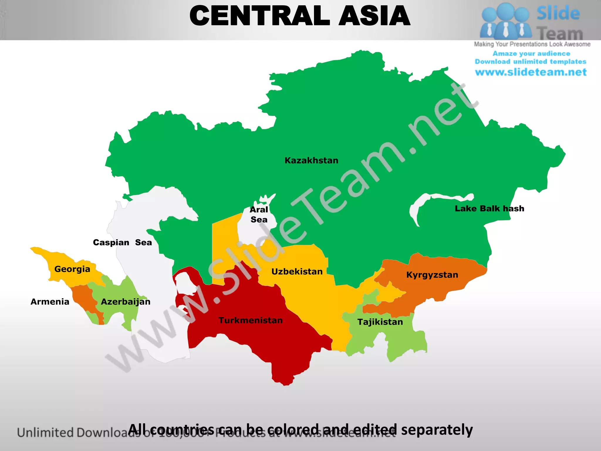 Central asia powerpoint editable continent map with countries templates ...