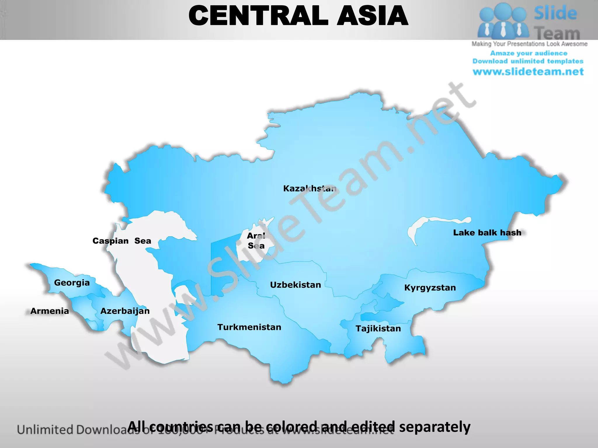 Central asia powerpoint editable continent map with countries templates ...