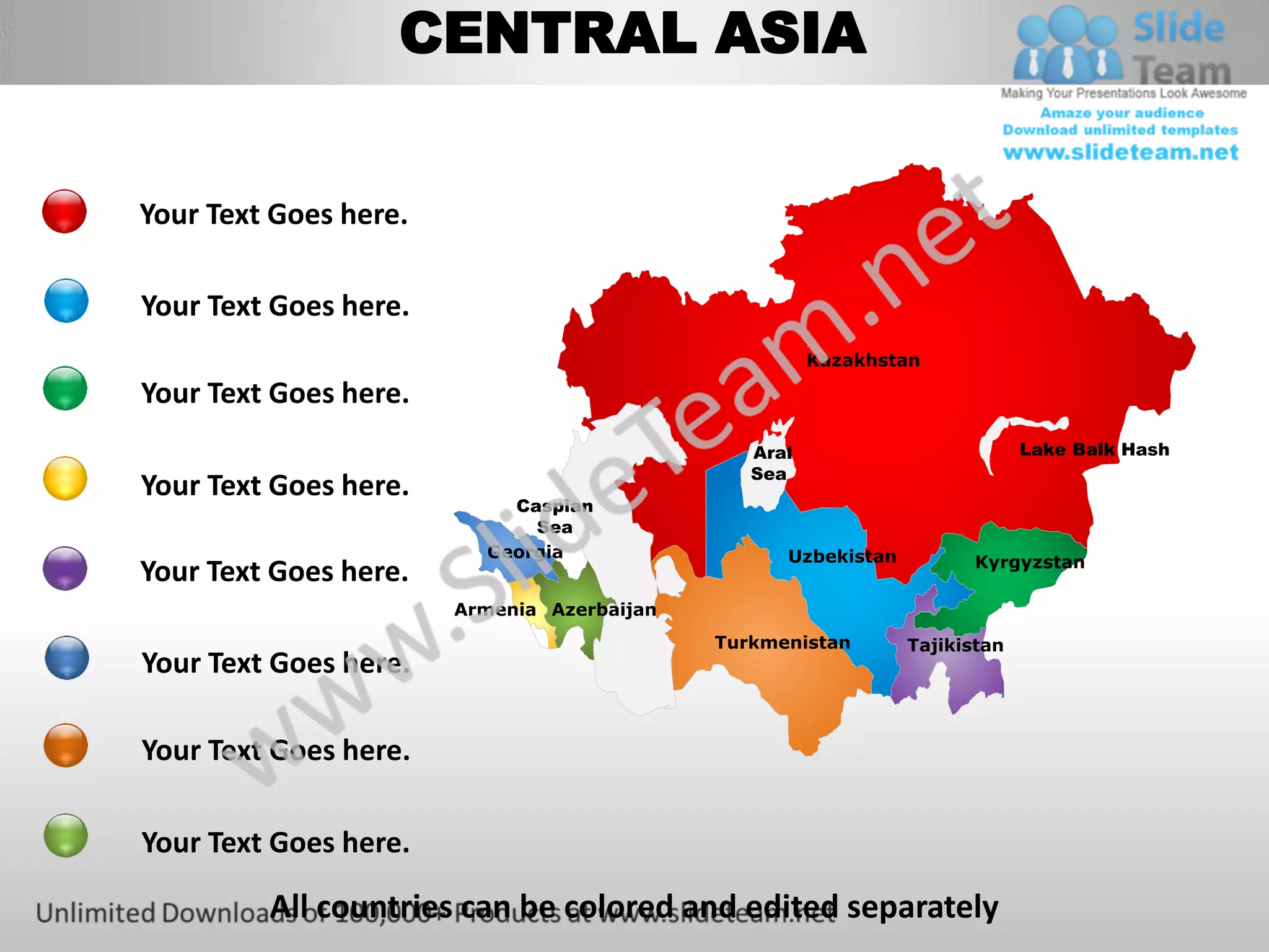 Central asia powerpoint editable continent map with countries templates ...