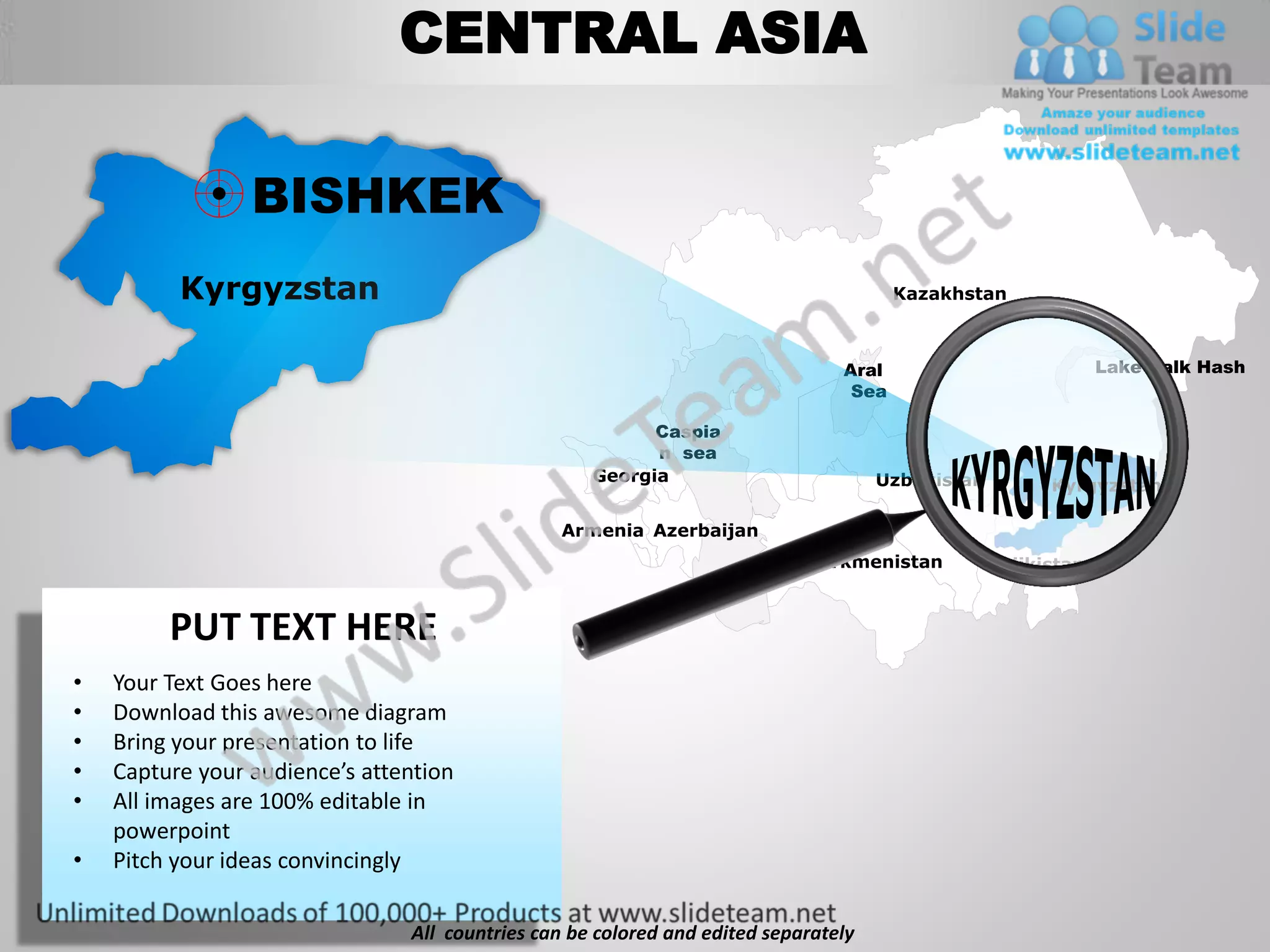Central asia powerpoint editable continent map with countries templates ...