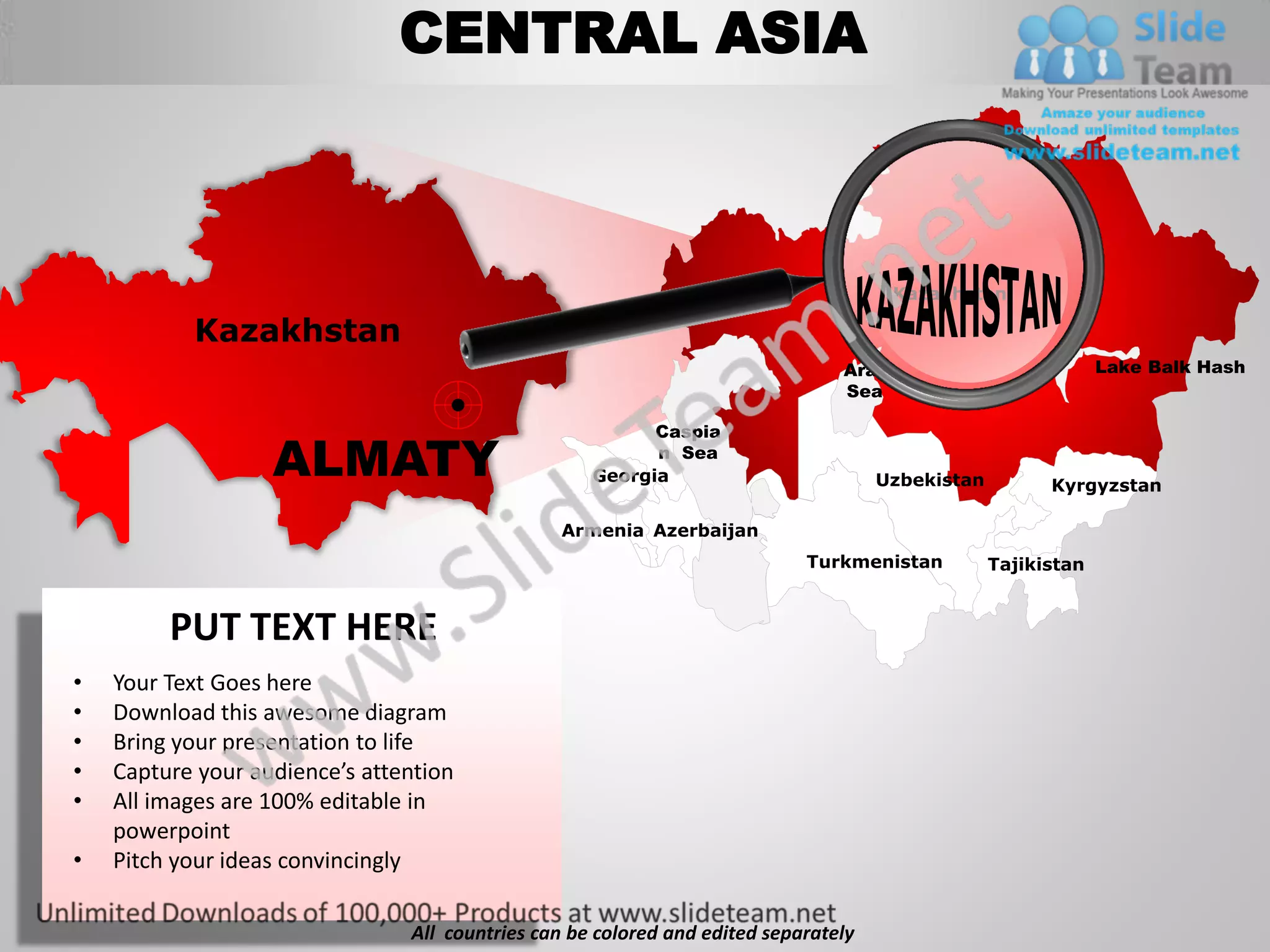 Central asia powerpoint editable continent map with countries templates ...