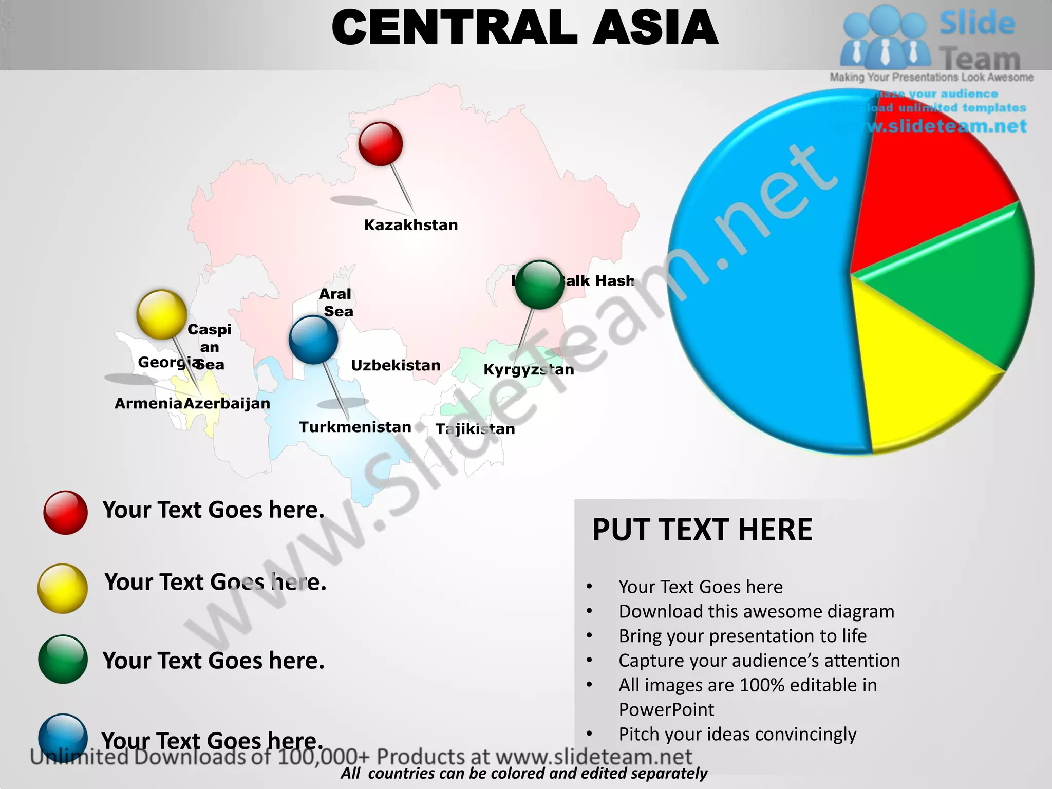 Central asia powerpoint editable continent map with countries templates ...