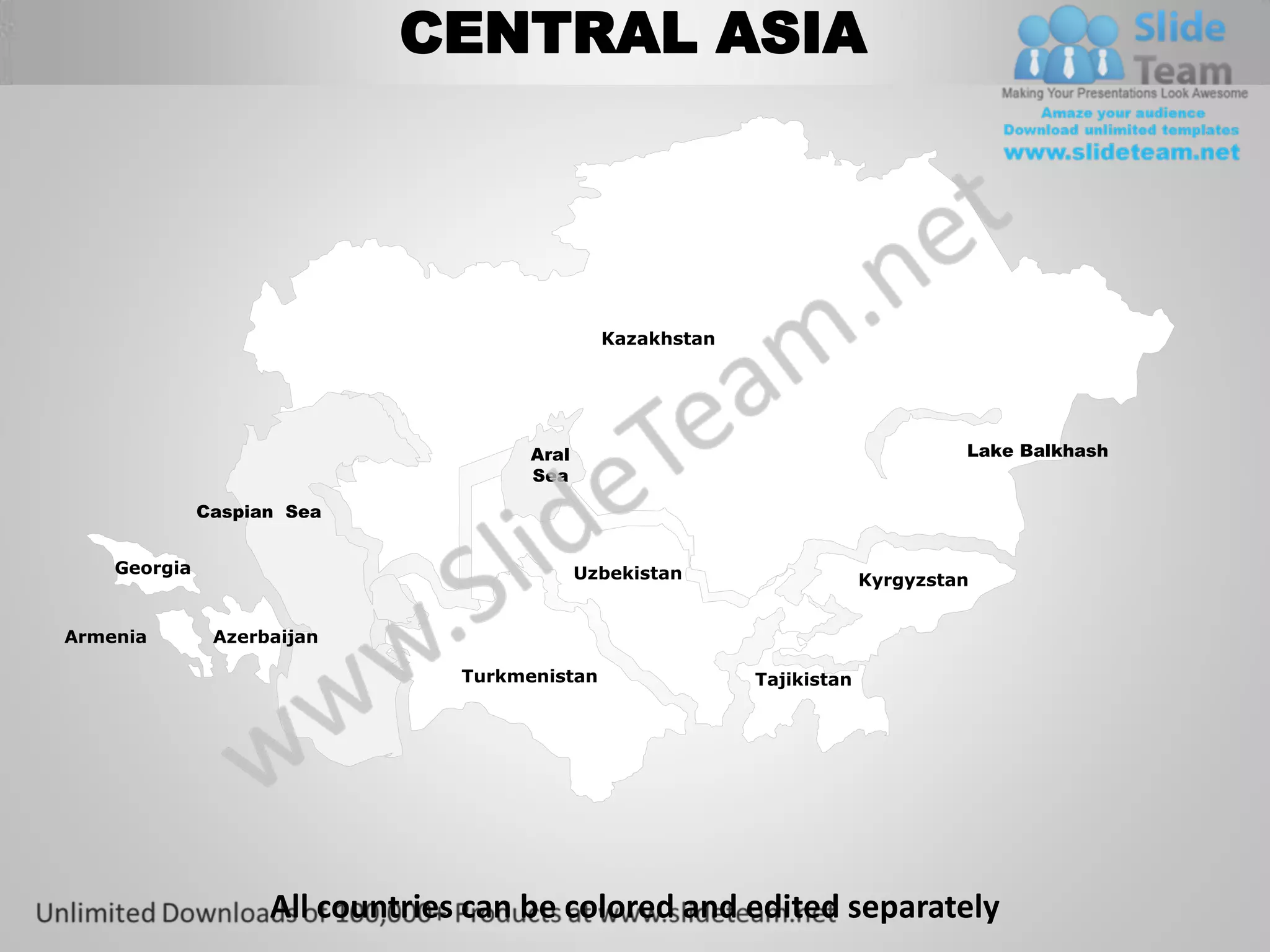 Central asia powerpoint editable continent map with countries templates ...