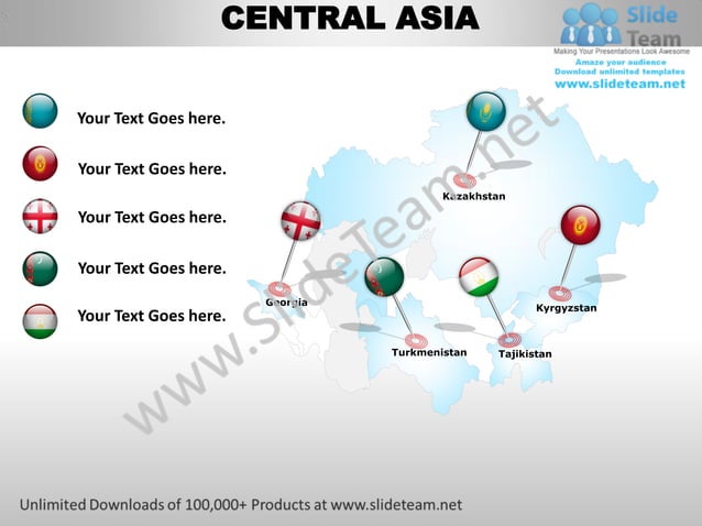 Central asia powerpoint editable continent map with countries templates ...
