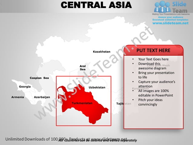 Central asia powerpoint editable continent map with countries templates ...