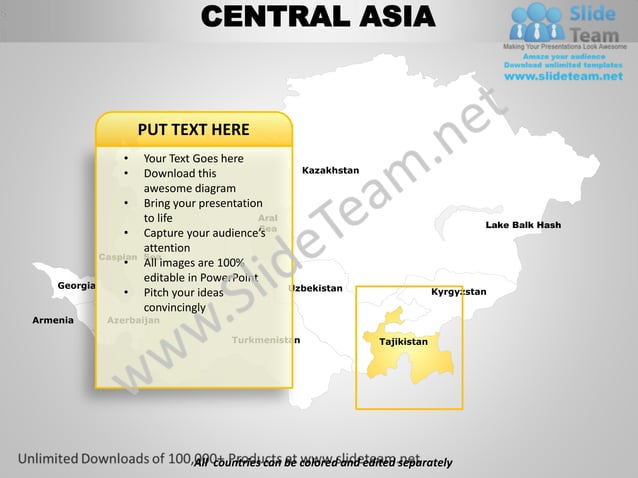 Central asia powerpoint editable continent map with countries templates ...