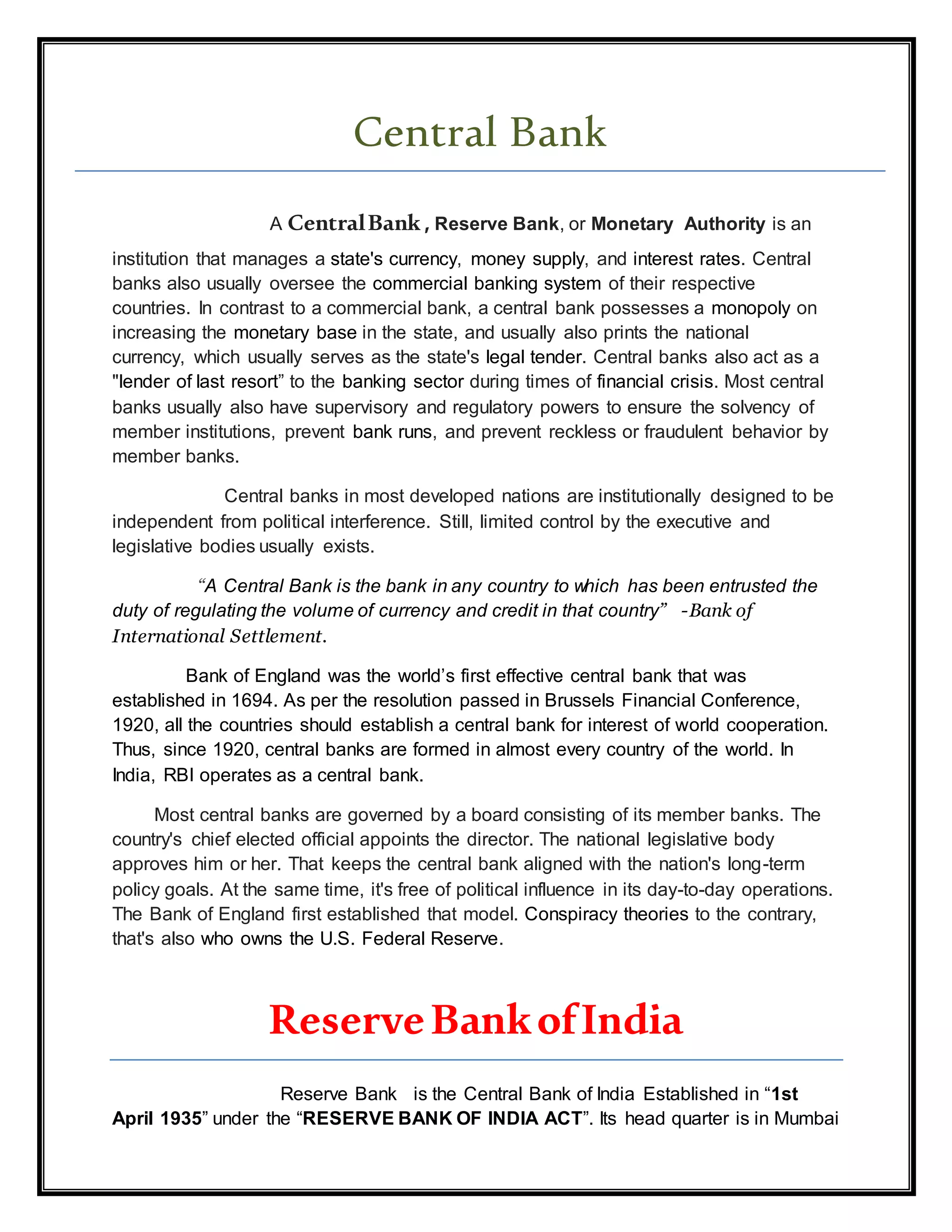 Central bank and its functions | DOCX