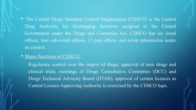 Central Drugs Standard Control Organization (CDSCO) | PPTX | Pharmaceutical Industry | Industries