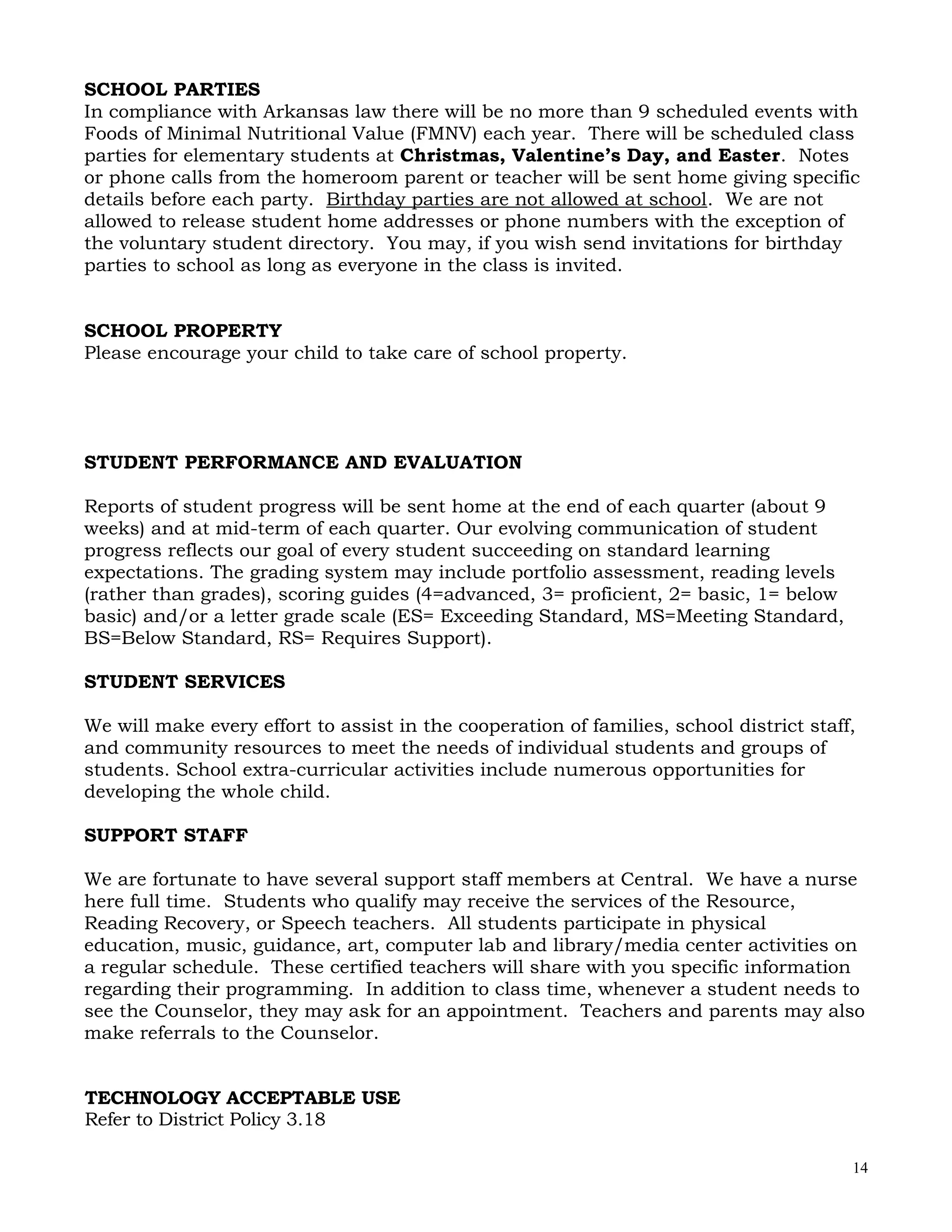 Central elementary school student handbook | DOC