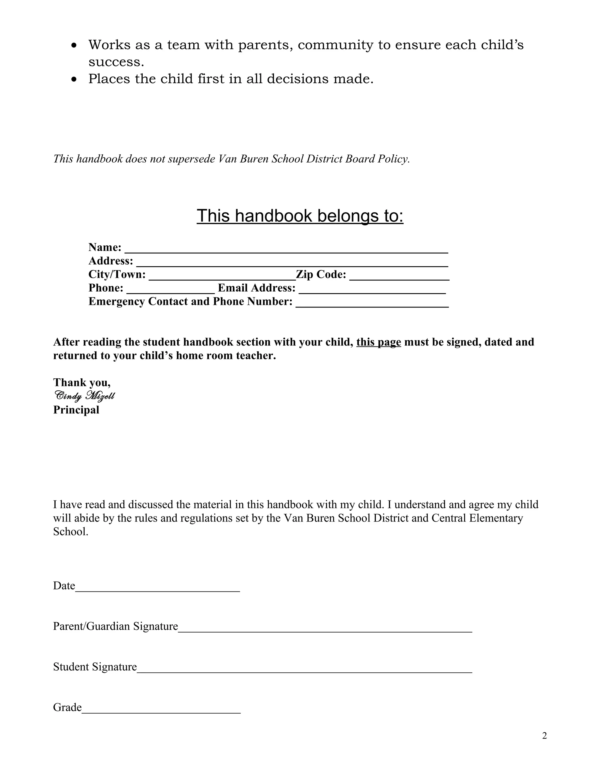 Central elementary school student handbook | DOC