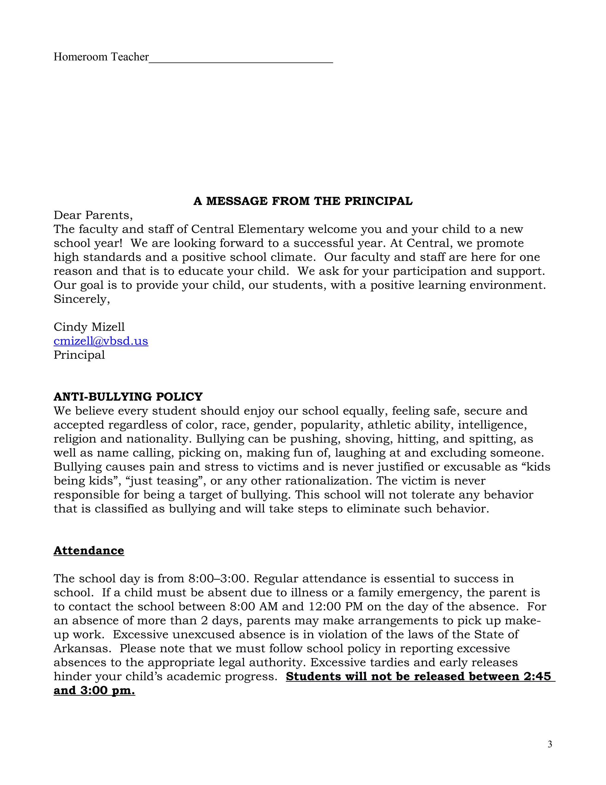 Central elementary school student handbook | DOC