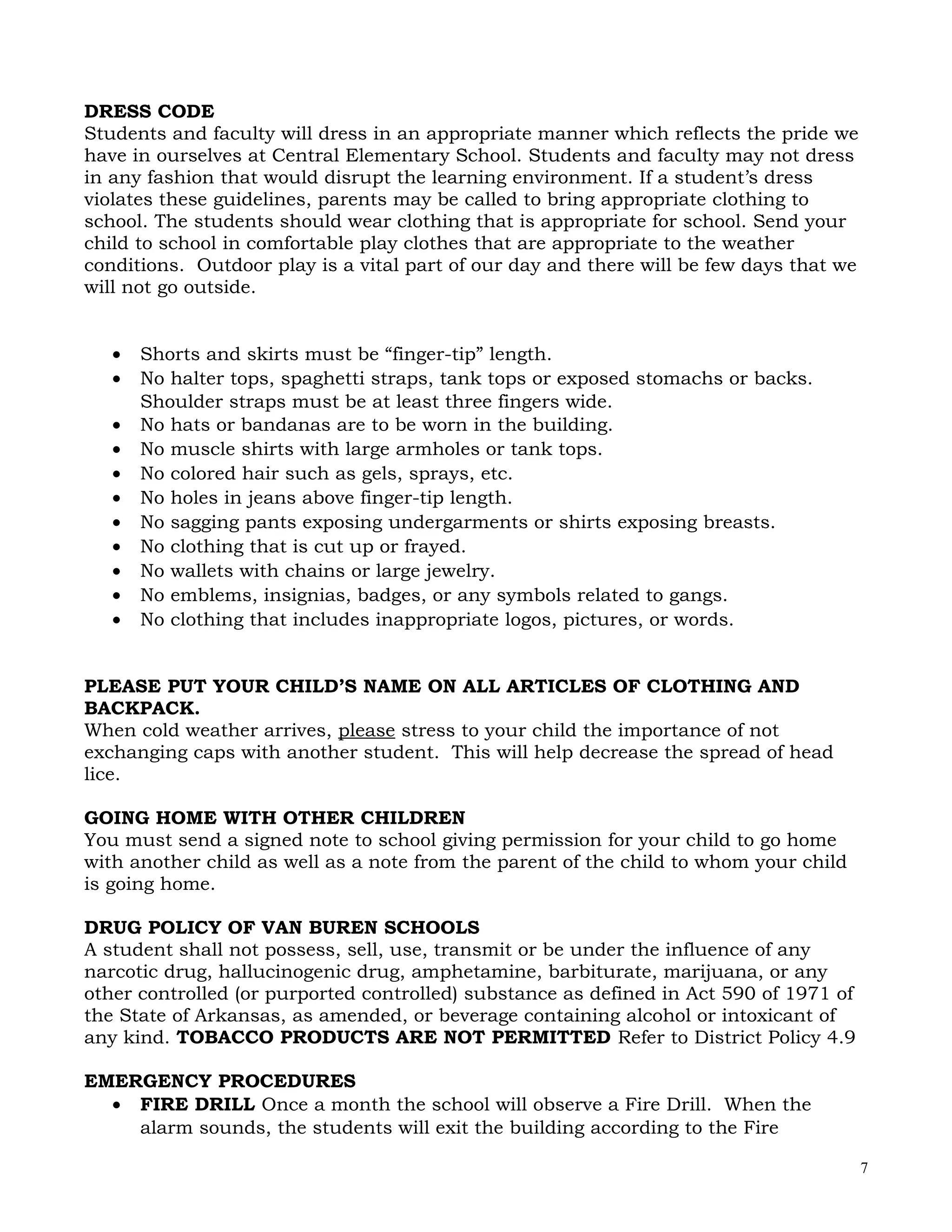 Central elementary school student handbook | DOC