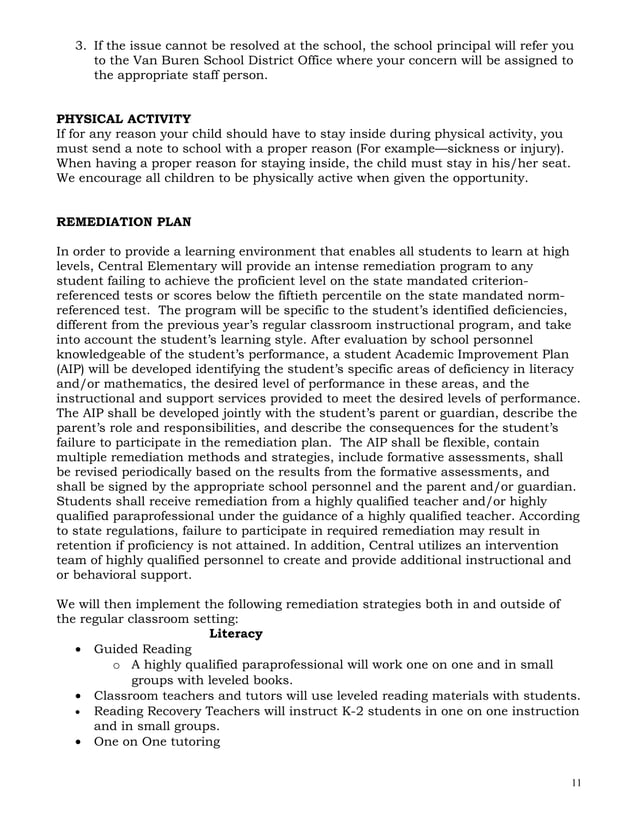 Central elementary school student handbook | DOC