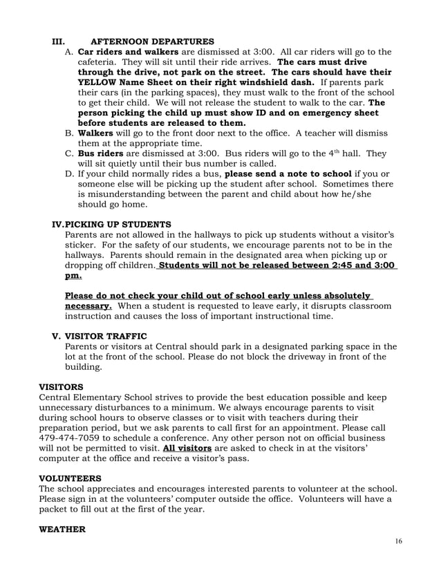 Central elementary school student handbook | DOC