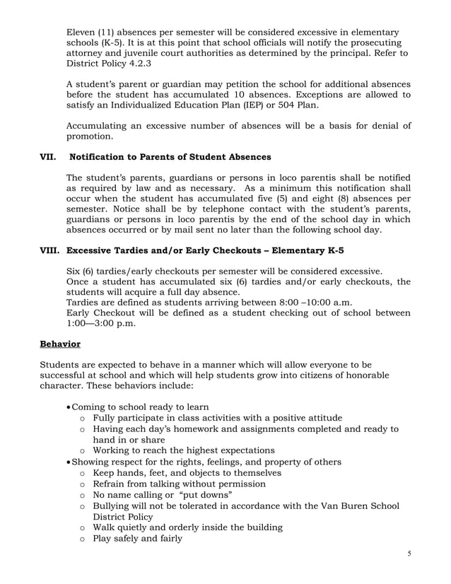 Central elementary school student handbook | DOC