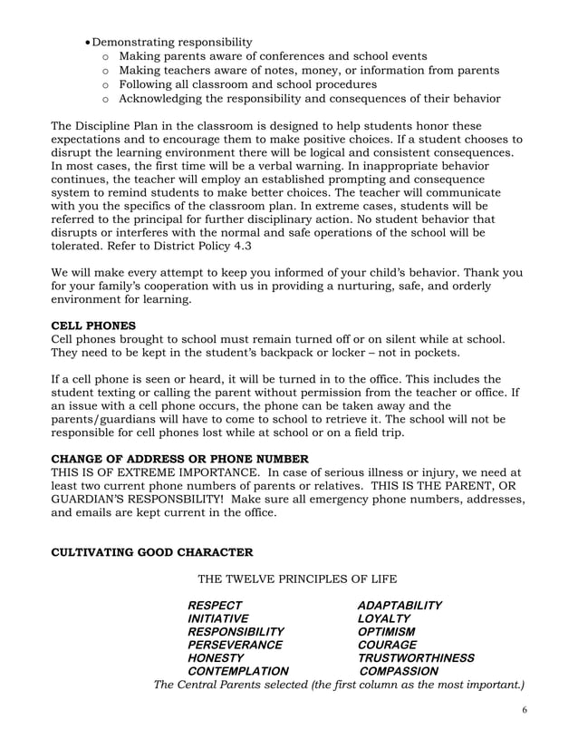 Central elementary school student handbook | DOC