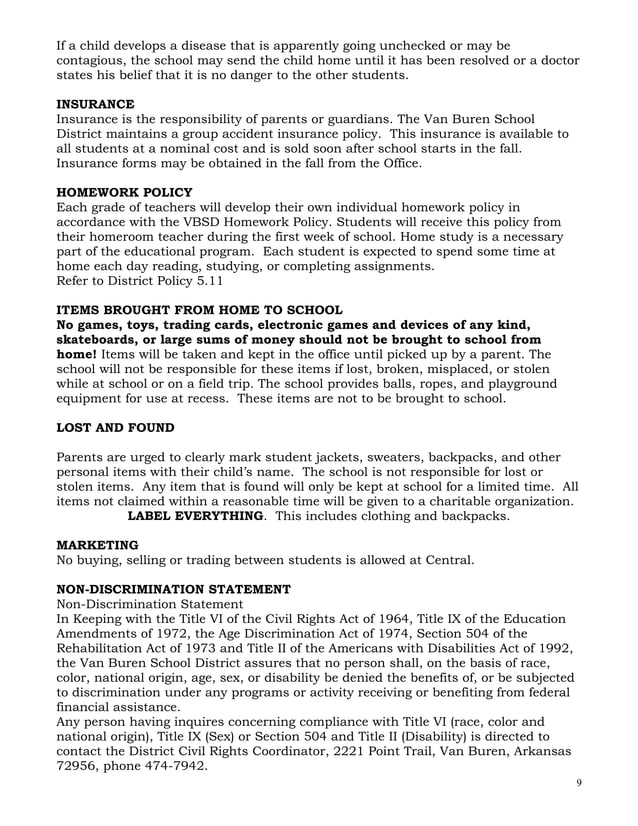 Central elementary school student handbook | DOC