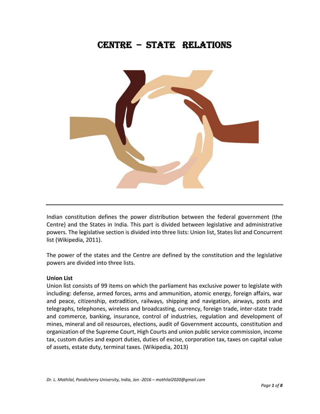 Centre and State Relations | PDF | Political Issues & policy | Politics