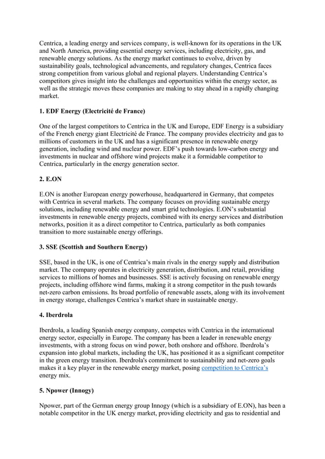 Centrica Competitors: Navigating a Competitive Energy Market | PDF
