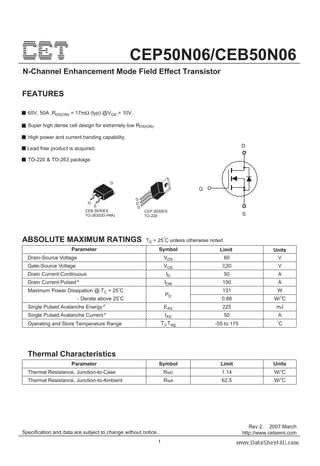 Original N-CHANNEL Mosfet CEP50N06 50N06 50A 60V TO-220 New | PDF