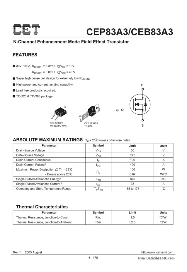 Original N-Channel Mosfet CEP83A3 30V 100A TO-220 New CET | PDF ...