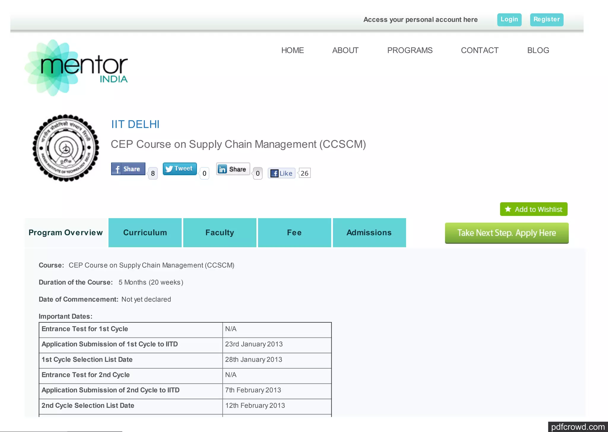 CEP Course on Supply Chain Management (CCSCM) IIT Delhi | PDF