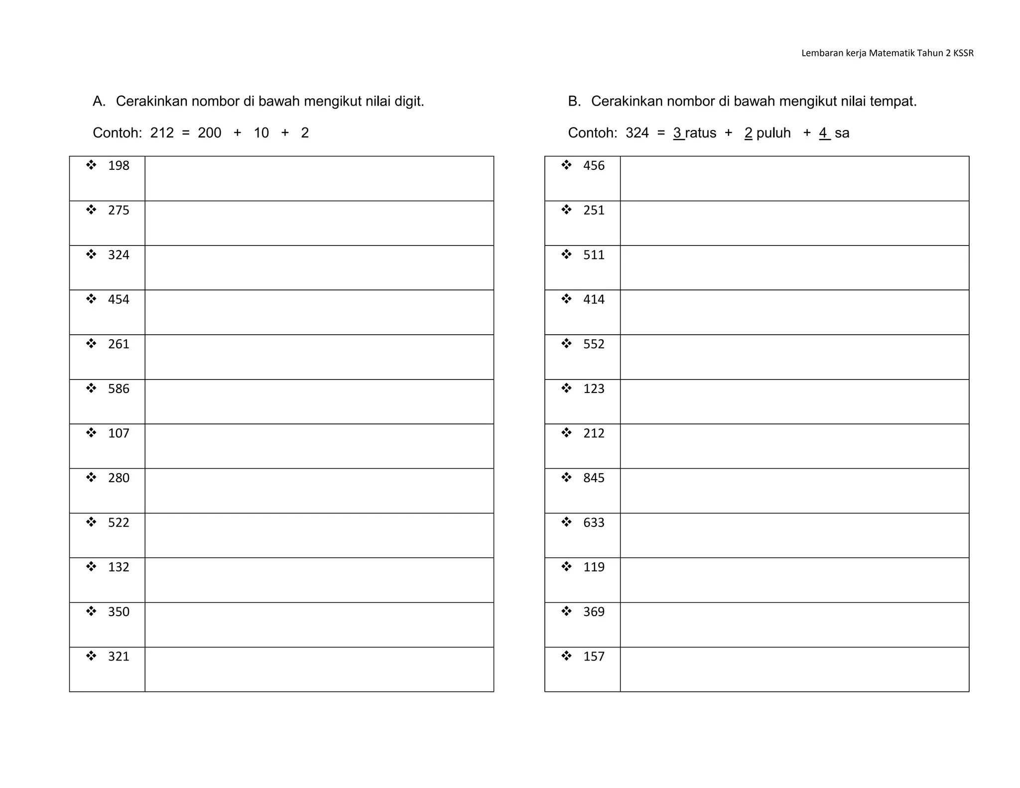 Cerakinkan nombor di bawah mengikut nilai digit.matematik thn 2 kssr | DOCX