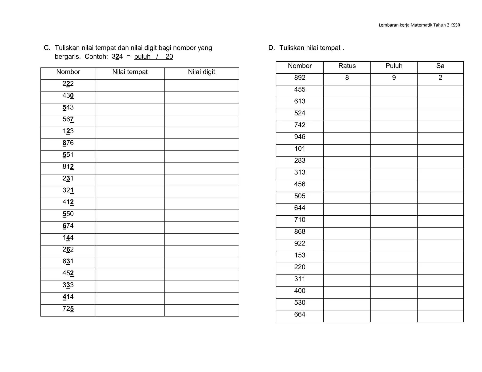 Cerakinkan nombor di bawah mengikut nilai digit.matematik thn 2 kssr | DOCX