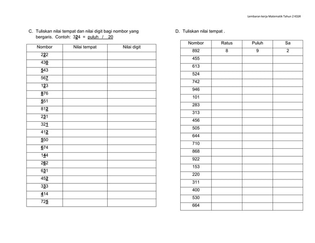 Cerakinkan nombor di bawah mengikut nilai digit.matematik thn 2 kssr | DOCX