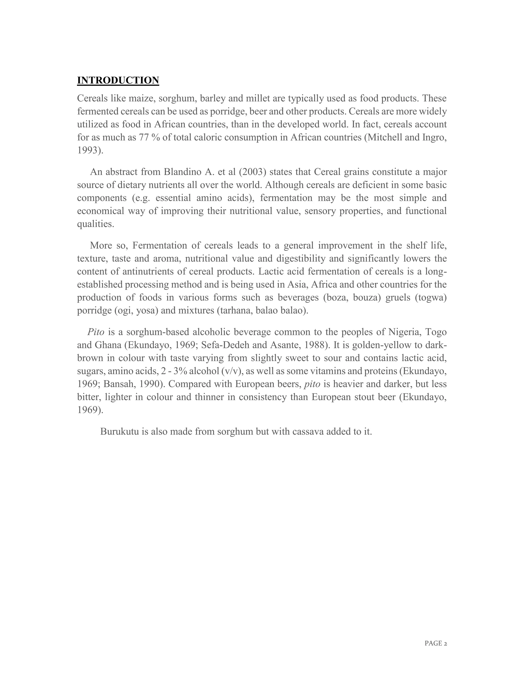 Cereal fermentation : Pito and Brukutu | PDF