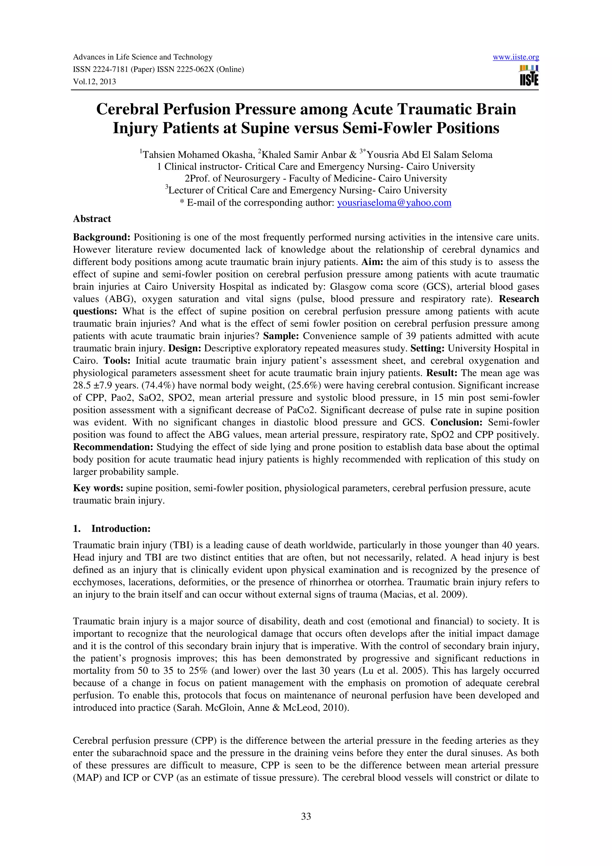 Cerebral perfusion pressure among acute traumatic brain injury patients ...
