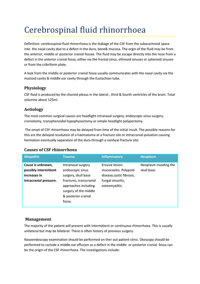 Cerebrospinal fluid rhinorrhoea | PDF